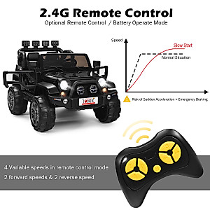 Costzon 2-Seater Ride on Truck, 12V Battery Powered Electric Vehicle Toy w/Remote Control, 3 Speed, LED Lights, MP3, Horn, Music, 2 Doors Open, Spring Suspension, Ride on Car for Kids (Black)