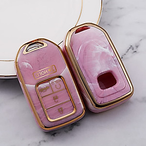 SANRILY Pink Jade Pattern 5 Button Key Fob Cover for Honda Accord Civic Cr-V Hr-V Fit Odyssey Jed Crosstour Crider Keyless Key Case Shell with Bling Leather Keychain