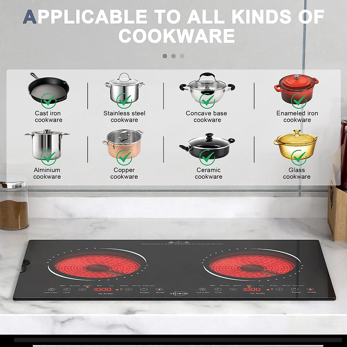 Hobsir 2 Burner Electric Cooktop 110v, Double Electric Stove Top Burner, 24 Inch Countertop and Built-in Electric Stove Top with Plug, LED Touch, Menu, Safety Lock for Kitchen Apartment RV Camp Stove