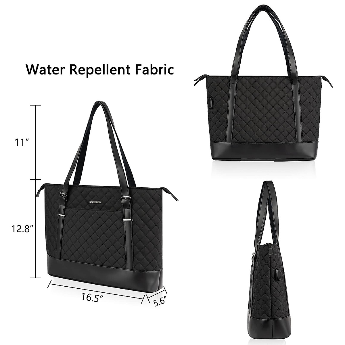 KROSER Laptop Tote Bag 15.6 Inch with USB Port, Large Work Tote Bag Computer Shoulder Bag for Women, Laptop Carrying Case Stylish Handbag Gift for School Office Business Travel(Quilted)