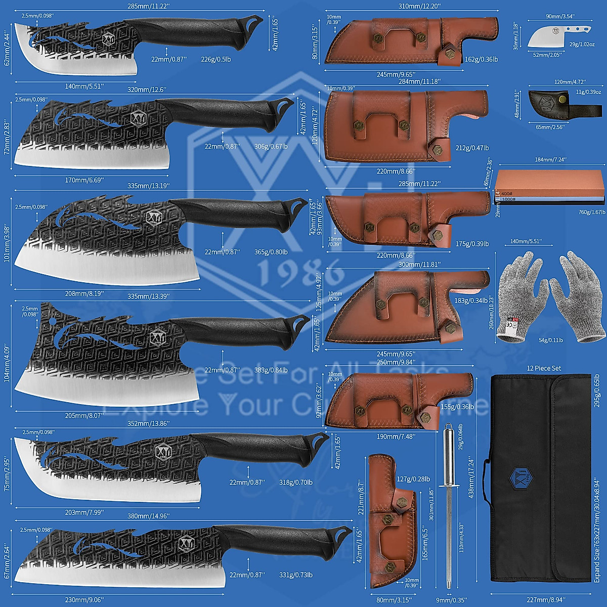 XYJ Authentic Since 1986,Vegetable Santoku Knives Set,Meat Butcher Knife With Holster,Roll Bag,Whetstone,Honing Steel,Kitchen Chef Knife,Camping Slice Knives,Full Tang,High Carbon Steel (Black)