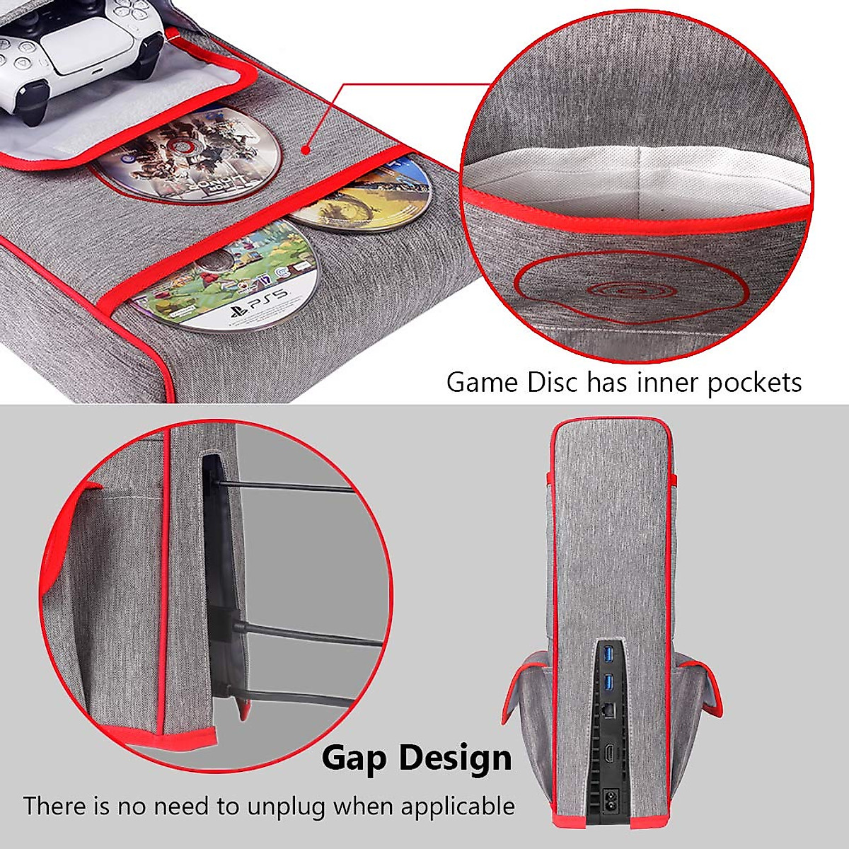 Eyglo Anti-Dust Cover for PS5 Sony PlayStation 5 Console Protective Cover Case -Anti Scratch and Waterproof, Support for PS5/Controllers/12 Game Discs (Red)