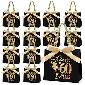 Clysee 25 Pcs Birthday Gift Bags with Handles Black and Gold Party Favor Bags Bulk for Birthday Wedding Anniversary Supplies Decorations, 5.51 x 2.36 x 4.72 Inches(Cheers to 60)
