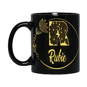 Coffee Mug Personalized Rubie Name & Initial Letter Monogram Floral Alphabet Mug Golden Flowers Custom Black Coffee Cup, Gift for Her Mom Coworker Sister, Wife, Girl 11oz Black Mug 581655