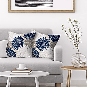 GIOPAMGO Navy Blue White Pillow Covers 18x18 Set of 2, Gray Abstract Dahlia Farmhouse Decorations Throw Pillow Covers Geometry Design Summer Outdoors Decorative Linen Cushion Case for Couch Sofa Home