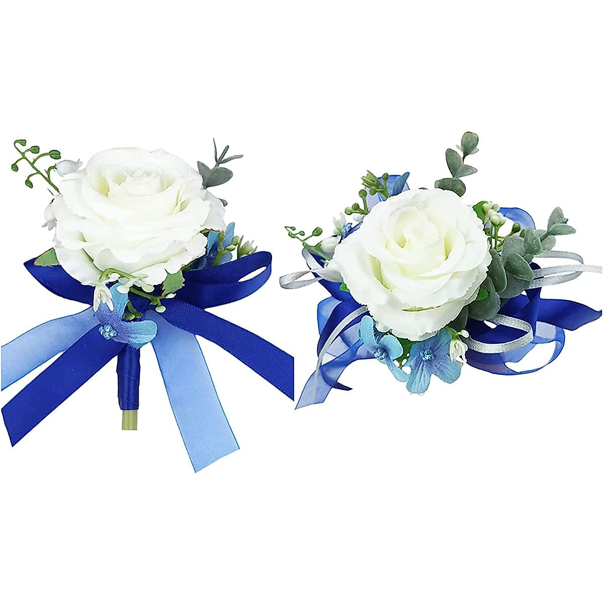 MAFELOE Wrist Corsage and Boutonniere Set Artificial Rose Flowers Accessories for Groom Bride Groomsmen Bridesmaids Wedding Party Prom Suit - Blue White 2 Pieces