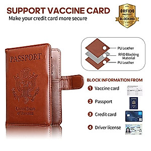 MCmolis Passport and Vaccine Card Holder Combo,RFID Blocking Leather Cover Case Travel Documents Organizer Protector With CDC Vaccination Card Slot and Magnetic Buckle-Brown