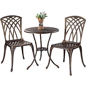 ZOTORUN Bistro Set 3 Piece Cast Aluminum Patio Furniture Sets 2 Chairs and 1 Round Table with Umbrella Hole for Outdoor, Patio Balcony, Bronze