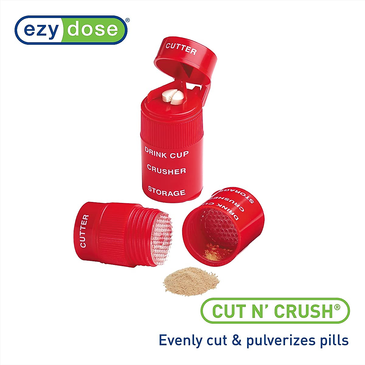 EZY DOSE 3 Compartment Pill Crusher, Cutter and Grinder, Daily Usage, Safely Cut Pills, Vitamins, Tablets, Accurate and Easy Cutting, Stainless Steel Blade, Removable Drinking Cup, Red, BPA Free