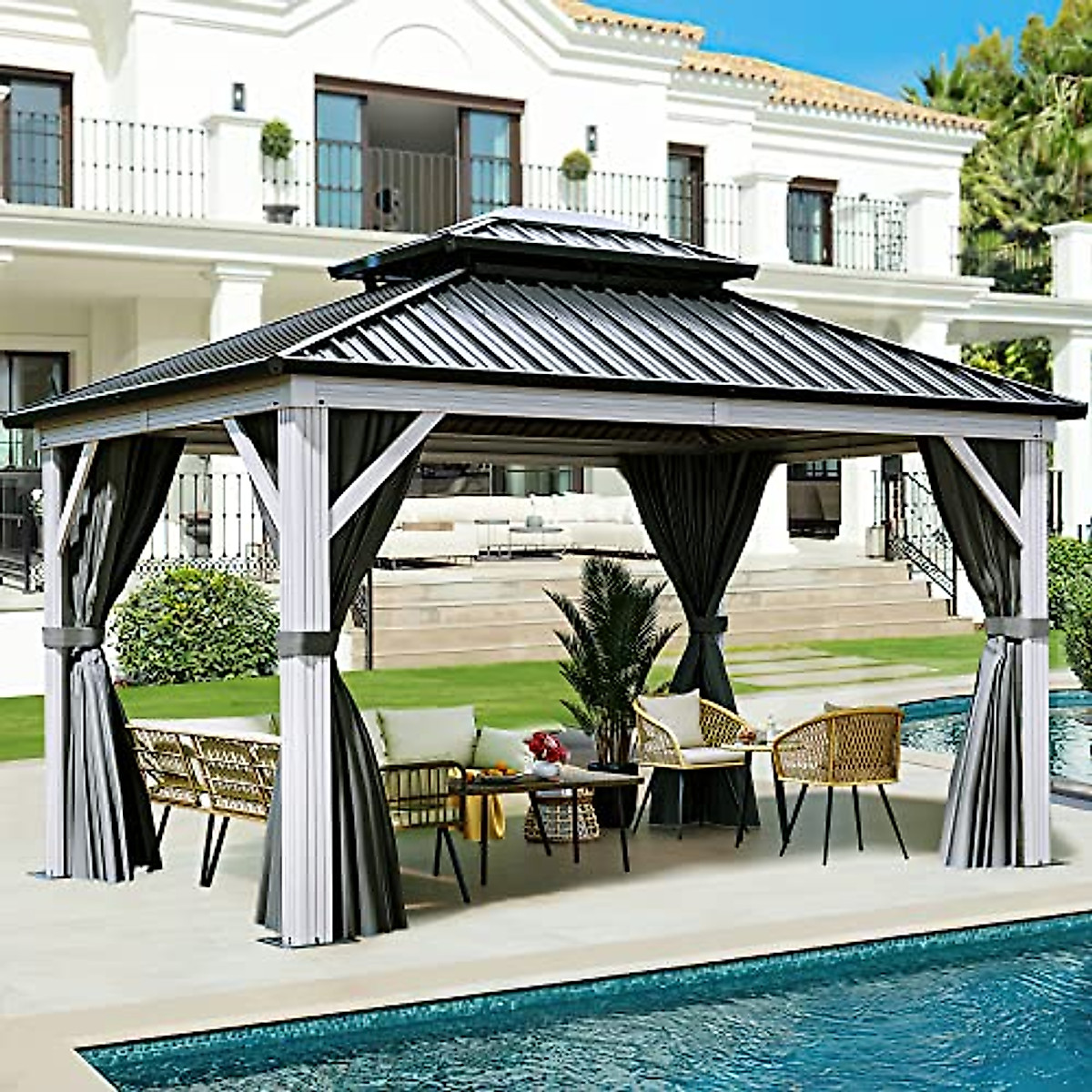YITAHOME White Gazebo 10x12ft Hardtop Double Roof Canopy Galvanized Iron Aluminum Frame Outdoor Gazebo with Netting and Shaded Curtains Garden Tent for Patio, Backyard, Deck and Lawns, Grey Curtain