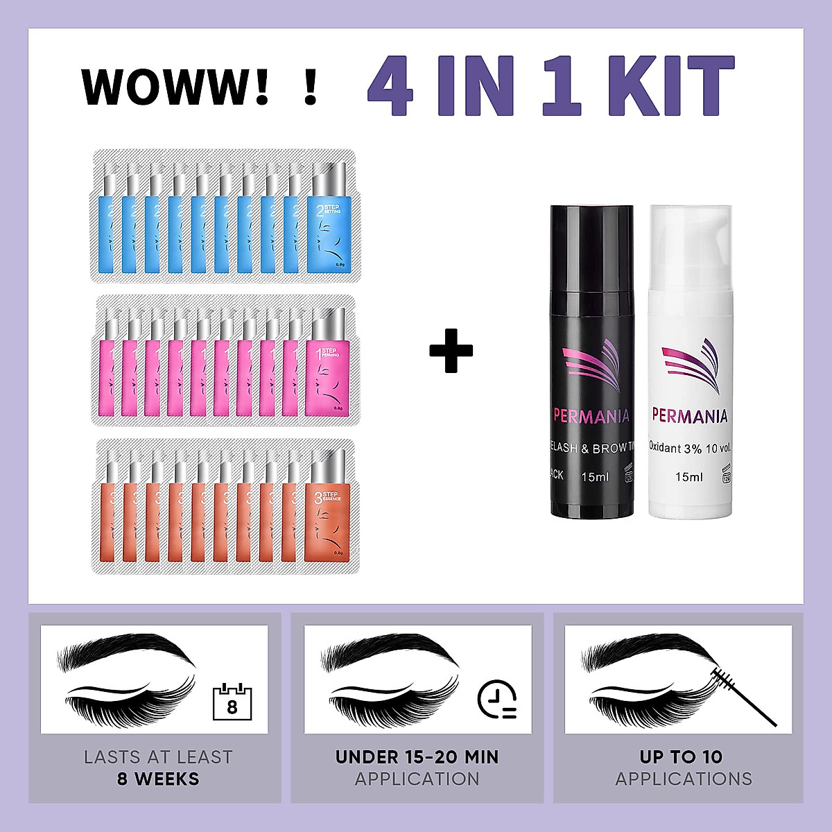 PERMANIA Lash Lift Kit with Black Color, Eyelash & Brow Lamination 4 IN 1 Black Color Make Lash Perm Voluminous and Curl for Salon & Home（Black）