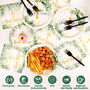 98pcs God Bless Plates Baptism Tableware First Holy Communion Mi Bautizo Disposable Tableware Set with Plates Napkins Tablecloth for Newborn Baby Shower Party Christening Religious Party Decorations