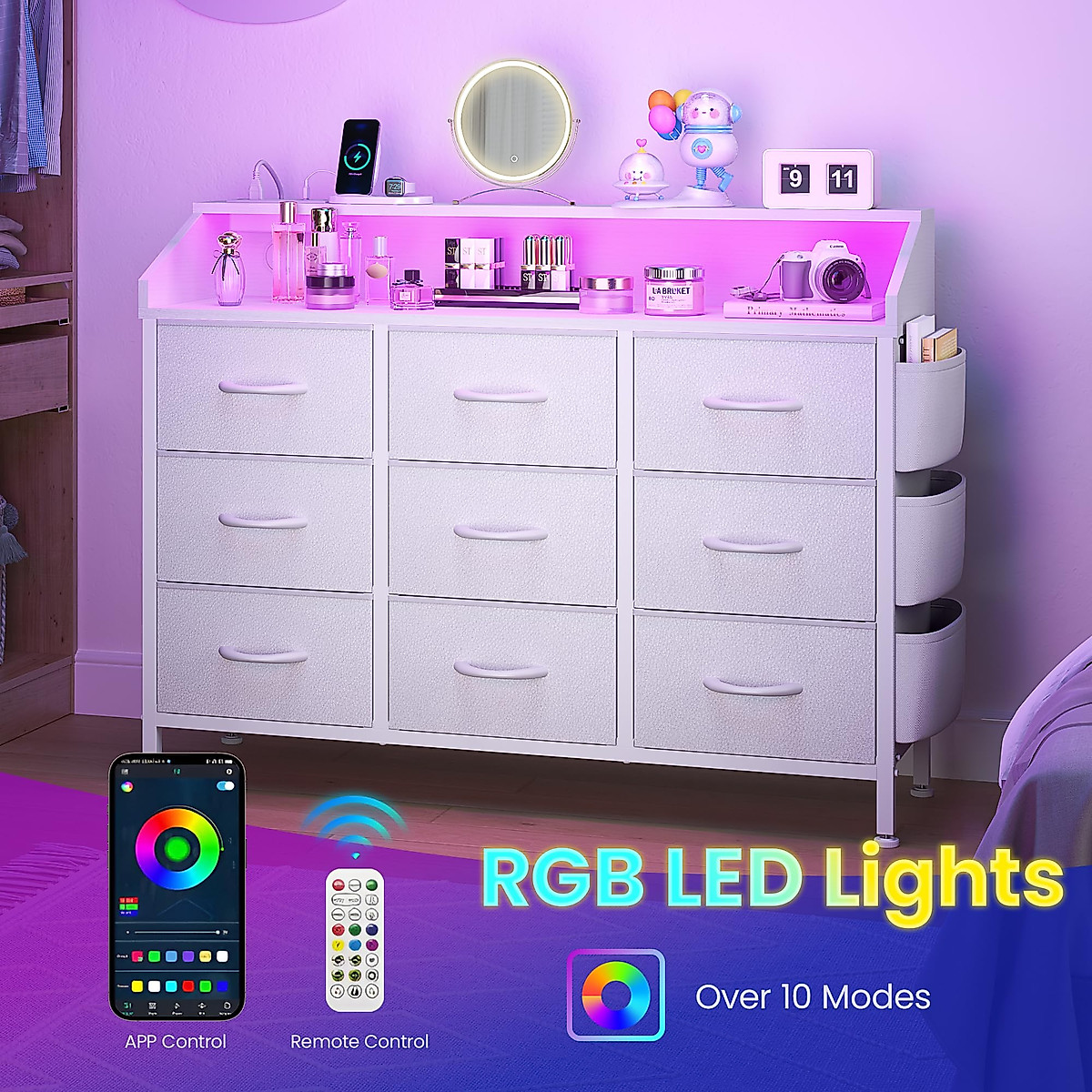 Lulive White Dresser for Bedroom 9 Drawers - Fabric Dressers for Bedroom with LED Light & Charging Station - Adults Chest of Drawers for Living Room Hallway Closet Nursery (White)