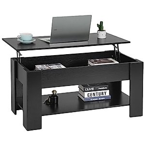 PayLessHere Coffee Table Lift Top Coffee Tables with Hidden Compartment and Storage Shelf Wooden Lift Tabletop Dining Table for Living Room Home (Black, 39" D x 28" W x 24" H)