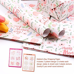 MAMUNU 6 Sheets Mother's Day Gift Wrapping Paper, "Happy Mother's Day" Pink Floral Wrapping Paper with Stickers for Mother's Day, Thanksgiving, Anniversary, Valentine's Day Gift Wrapping, 20 x 28 Inch Per Sheet