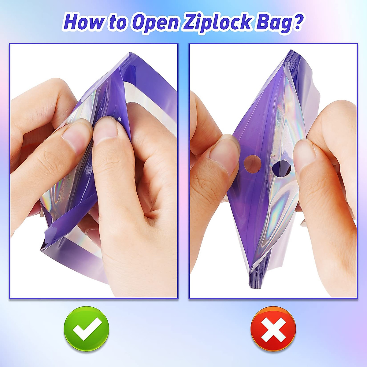 Funfery 100 Pack Gradient Holographic Bags,Mylar Resealable Bags with Zipper,Clear Window Packaging Pouch,Smell Proof Plastic Bags for Food Storage,Sample Jewelry Baggies(2.7×3.9in,Purple Pink)