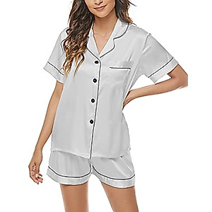 Eilshoji Pajamas for Women Shorts Set, 2 Piece Satin Silk Sleepwear Pj Lounge Sets (White,M)