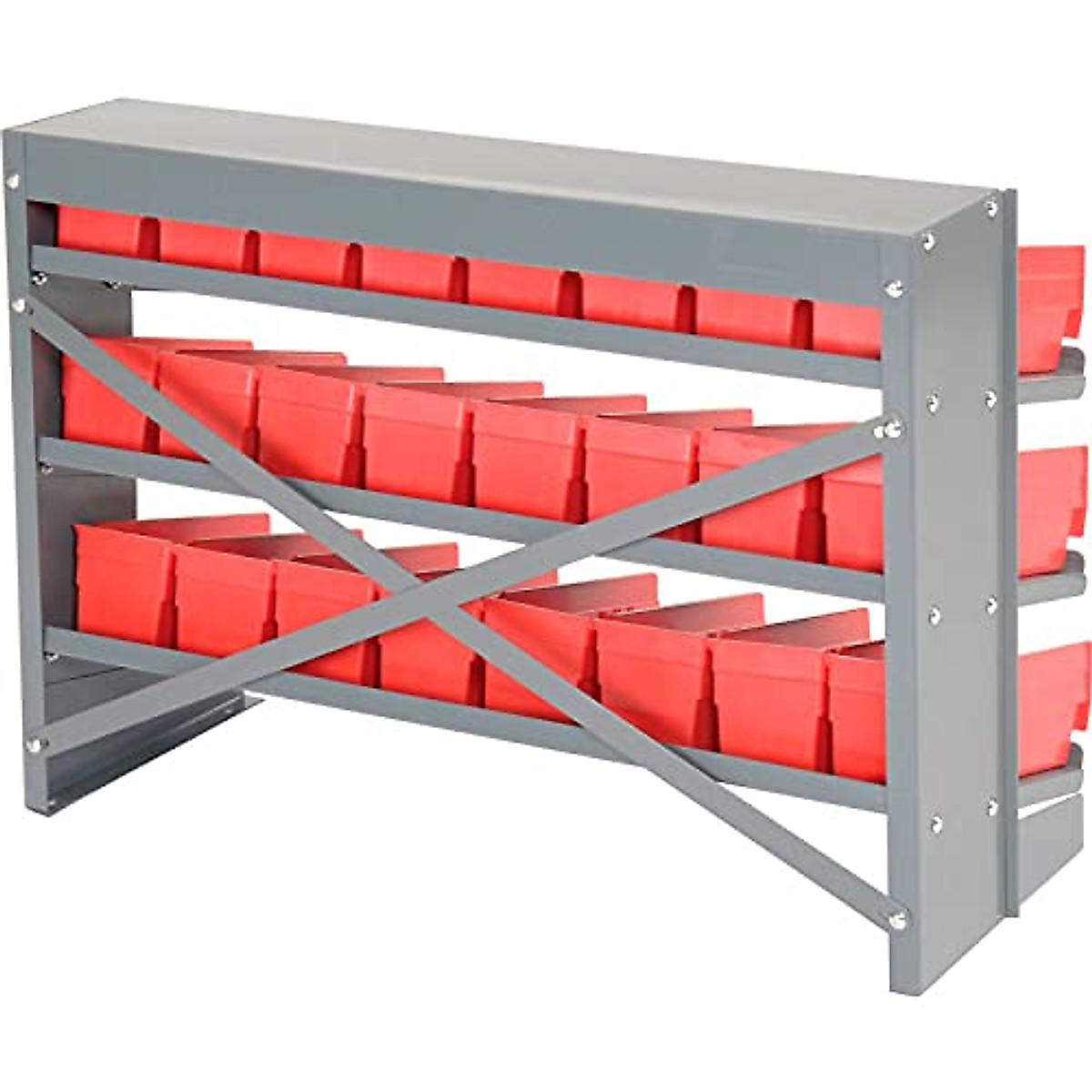 Global Industrial 3 Shelf Bench Rack, (24) 4" W Red Bins, 33x12x21