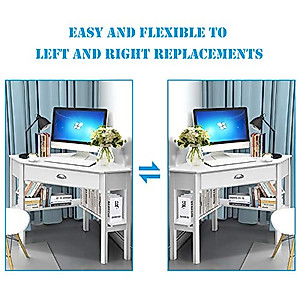 Tangkula White Corner Desk, Corner Computer Desk with Drawer for Small Space, Small Corner Makeup Vanity Desk, 90 Degrees Triangle Corner Desk with Storage Shelves