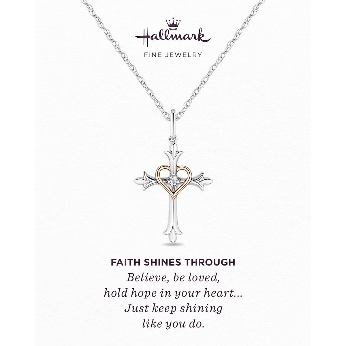 HALLMARK DIAMONDS Faith Cross with Hearth Necklace Pendant in Sterling Silver and 14K Rose Gold Plating and Diamonds
