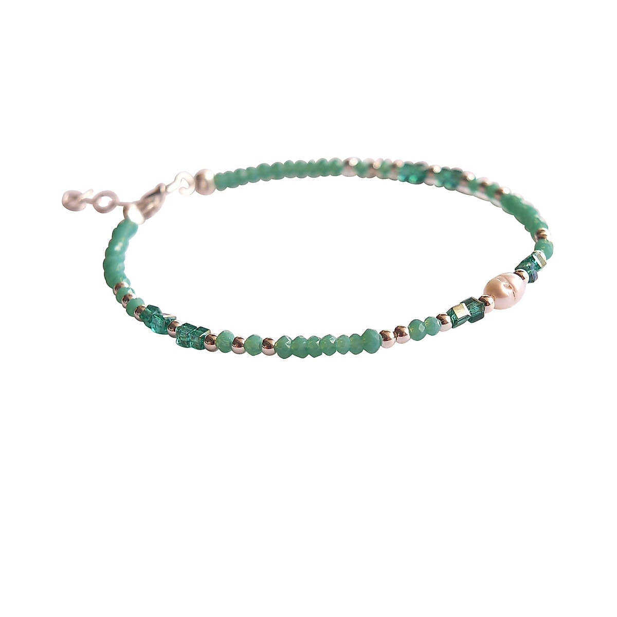 Handmade 925 Sterling Silver, Pearl and Glass Beads Bracelet for women, Length 6.5-7.5 inches, Adjustable Dainty Turquoise Color Beaded Bracelet, Beach Summer Jewelry, By MiYa Jewelry Creations