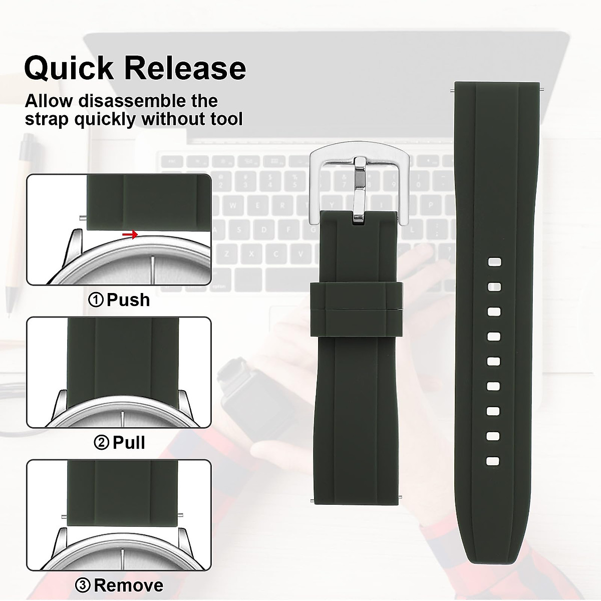 Bewudy Quick Release Watch Band, Soft Silicone Watch-Bands Strap, Silver Stainless Steel Buckle, Replacement Band Width 20mm 22mm for Men (22 mm, Green)
