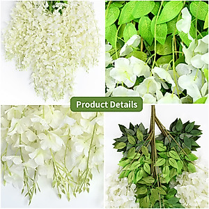 24 PCS Wisteria Artificial Flower 3.6 Feet Vine Ratta Hanging Garlands Silk Flowers String with 2 Pack Artificial Flowers Garland for Home Party Wedding Garden Outdoor Ceremony Greenery Wall White