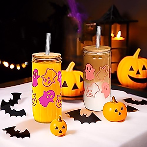 ANOTION Halloween Cups, 24oz Halloween Mason Jar with Lid and Straw Tumbler Iced Coffee Cups Halloween Decor Cookie Jar Glasses Halloween Glassware Drinking Water Bottles Halloween Decorations Indoor