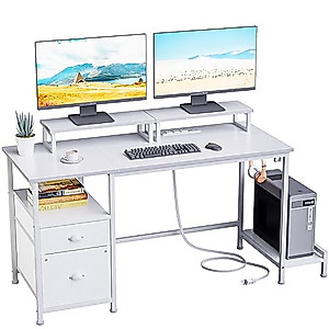 Furologee White Computer Desk with Drawer and Power Outlets, 47" Office Desk with 2 Monitor Stands and Fabric File Cabinet, Writing Gaming Table with Shelves and 2 Hooks for Home Office