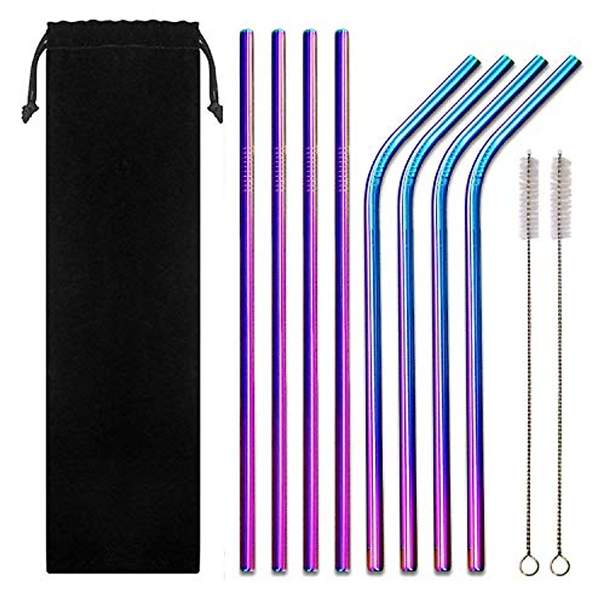 8 Stainless Steel Straws Rainbow - 4 Bent & 4 Straight 6mm Straws with 2 Cleaning Brushes - Non-Toxic & BPA Free Reusable Straws for Everyday Use