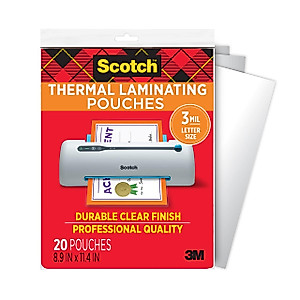 Scotch Thermal Laminating Pouches, 3 Mil thick, Durable, Clean Finish, Professional, Quality, 8.9 x 11.4-Inches, 20-Pack, Clear (TP3854-20)