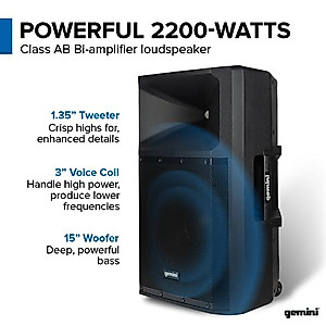 Gemini Sound GSP-2200: Elite 2200W 15" Active DJ PA Speaker with Bluetooth Stereo, Integrated 3-Channel Mixer, and Durable Design – Ideal for Music Hobbyists and Part-Time DJs