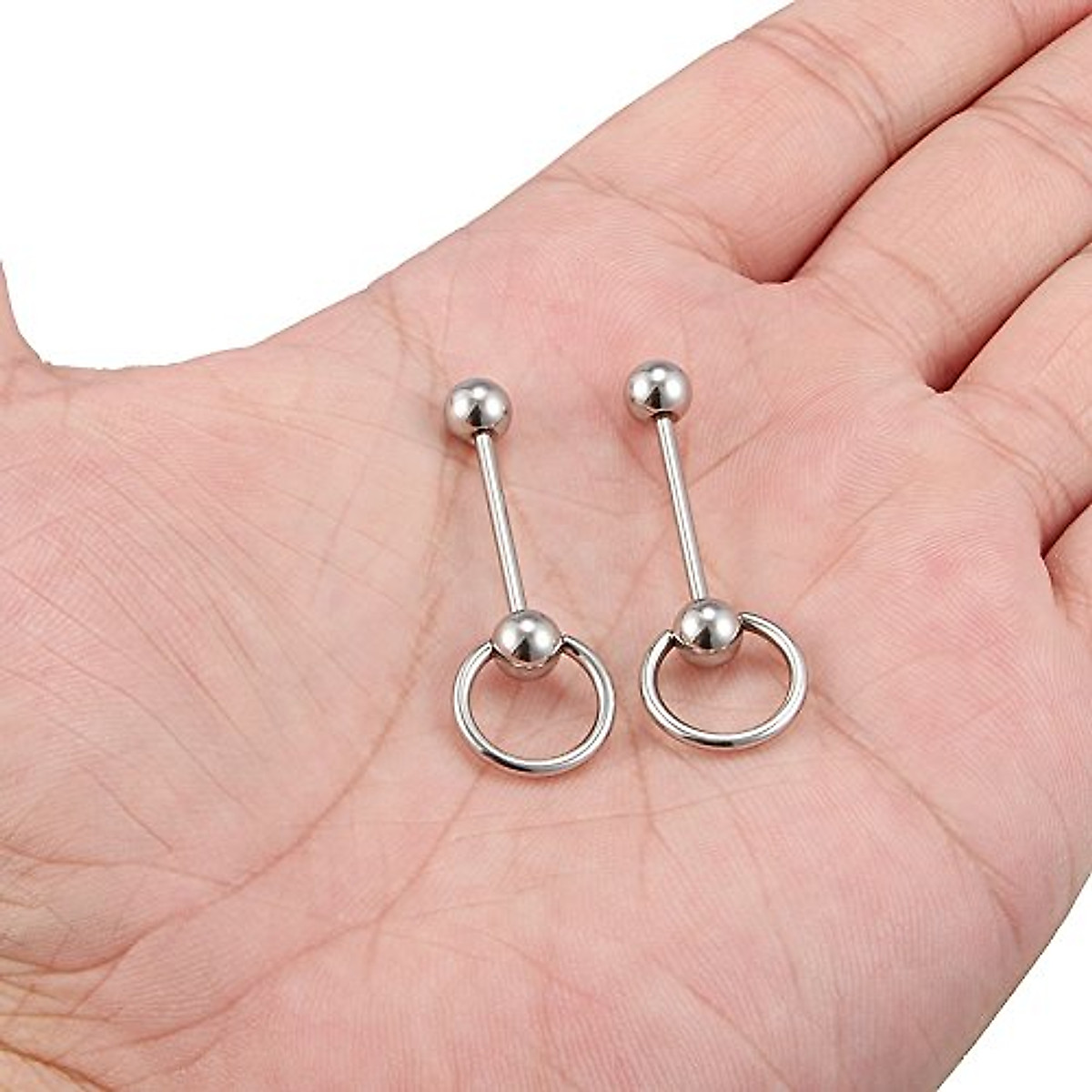 Ruifan 2PCS 14G 3/4Inch Door Knocker Internally Threaded Surgical Steel Straight Barbell Nipple Tongue Ring Piercing - Silver