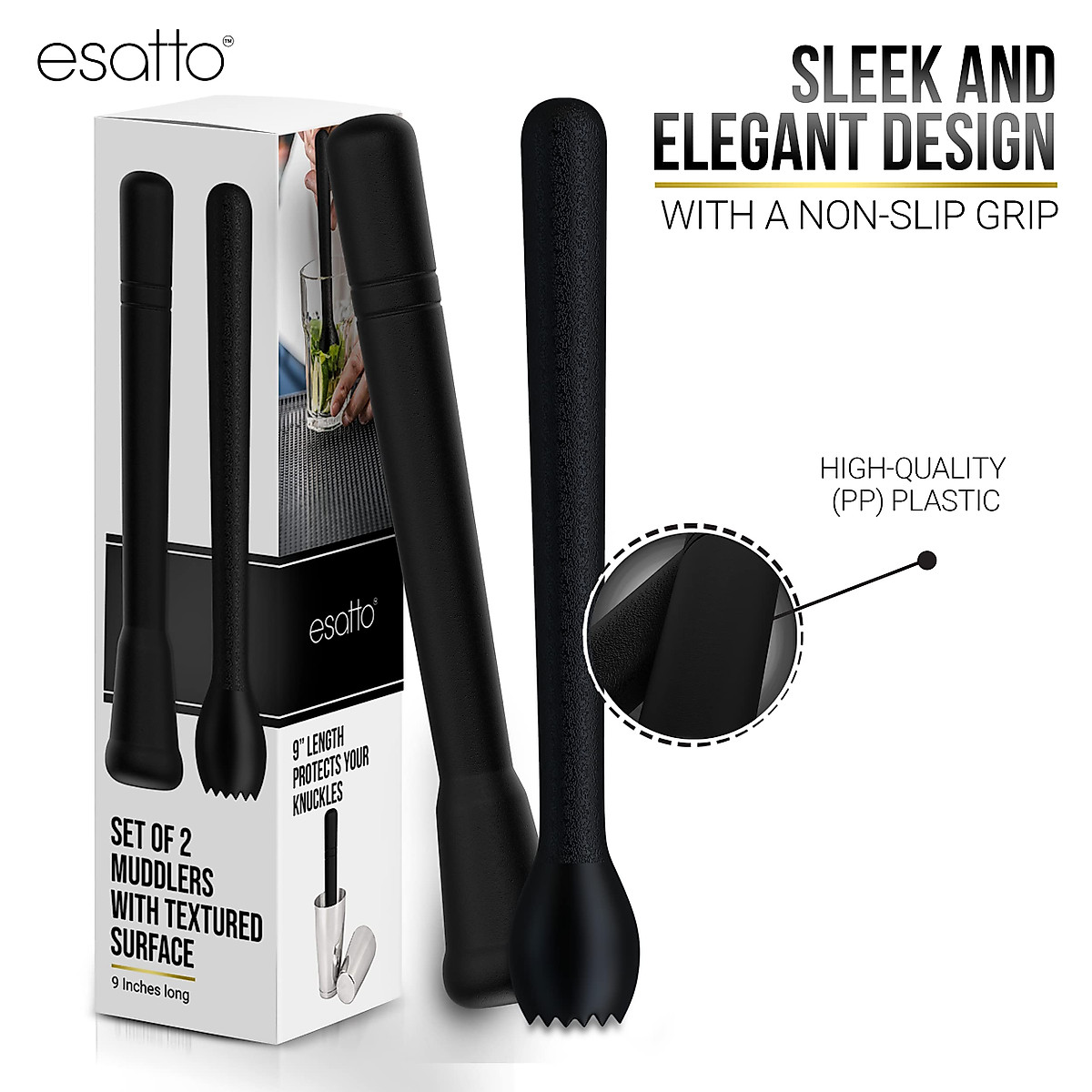 Esatto Professional Bar Tool Muddler 25 CM (9 Inches) Ribbed – Made with ABS Plastic, Black Set of 2 – Durable and Ribbed for Mashing Fruits, Berries, Sugar, Spices, and Herbs