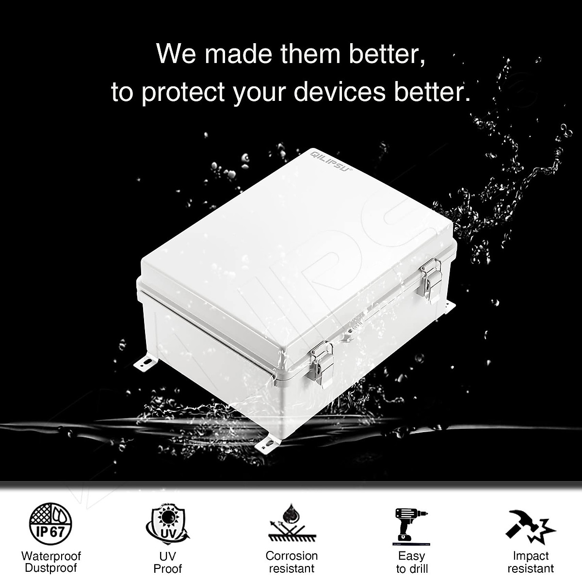 QILIPSU Hinged Cover Stainless Steel Latch 370x270x150mm Junction Box with Mounting Plate, ABS Plastic DIY Electrical Project Case IP67 Waterproof Dustproof Enclosure Grey (14.6"x10.6"x5.9")