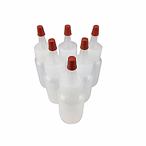 Hobbyland Squeeze Bottles, LDPE Plastic Bottles, Natural Boston Round Bottles, Yorker Spout Red Caps, Tips have .30 Hole (1oz, 20/410 Neck, 6 Bottles)