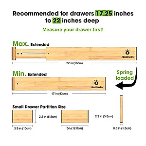 ANTOWIN Bamboo Drawer Dividers, Expandable Drawer Separators Splitter, 17-22 inches Adjustable Spring-loaded Organizer for Large Utensil, Clothes, Tools Drawers, 6 Pack Dividers + 4 Pack Baffle