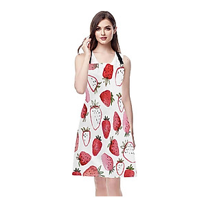 EKOBLA Strawberry Aprons Abstract Watercolor Hand Drawn Beautiful Fruit Fresh Sweet Spring Waterproof Resistant Chef Cooking Kitchen BBQ Adjustable Aprons for Women Men 27x31 Inch