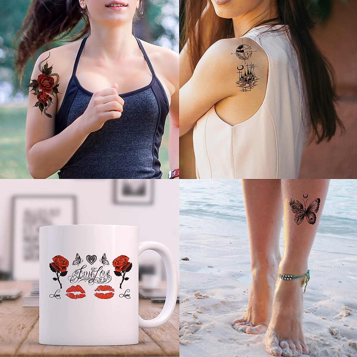 80 Sheets Temporary Tattoos Stickers, Fake Body Arm Chest Shoulder Tattoos for Men and Women, Halloween Temporary Tattoos Black Fake Skull Skeleton Tattoos for Halloween Cosplay