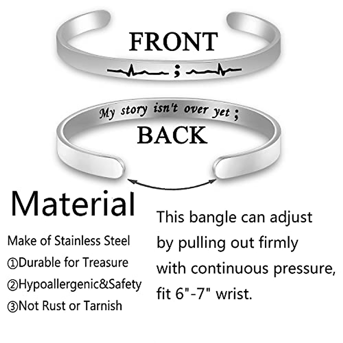 BNQL Semicolon Heartbeat Cuff Bracelet Keep Going Bracelet My Story Isn't Ovet Yet Inspiration Jewelry (Cuff S)