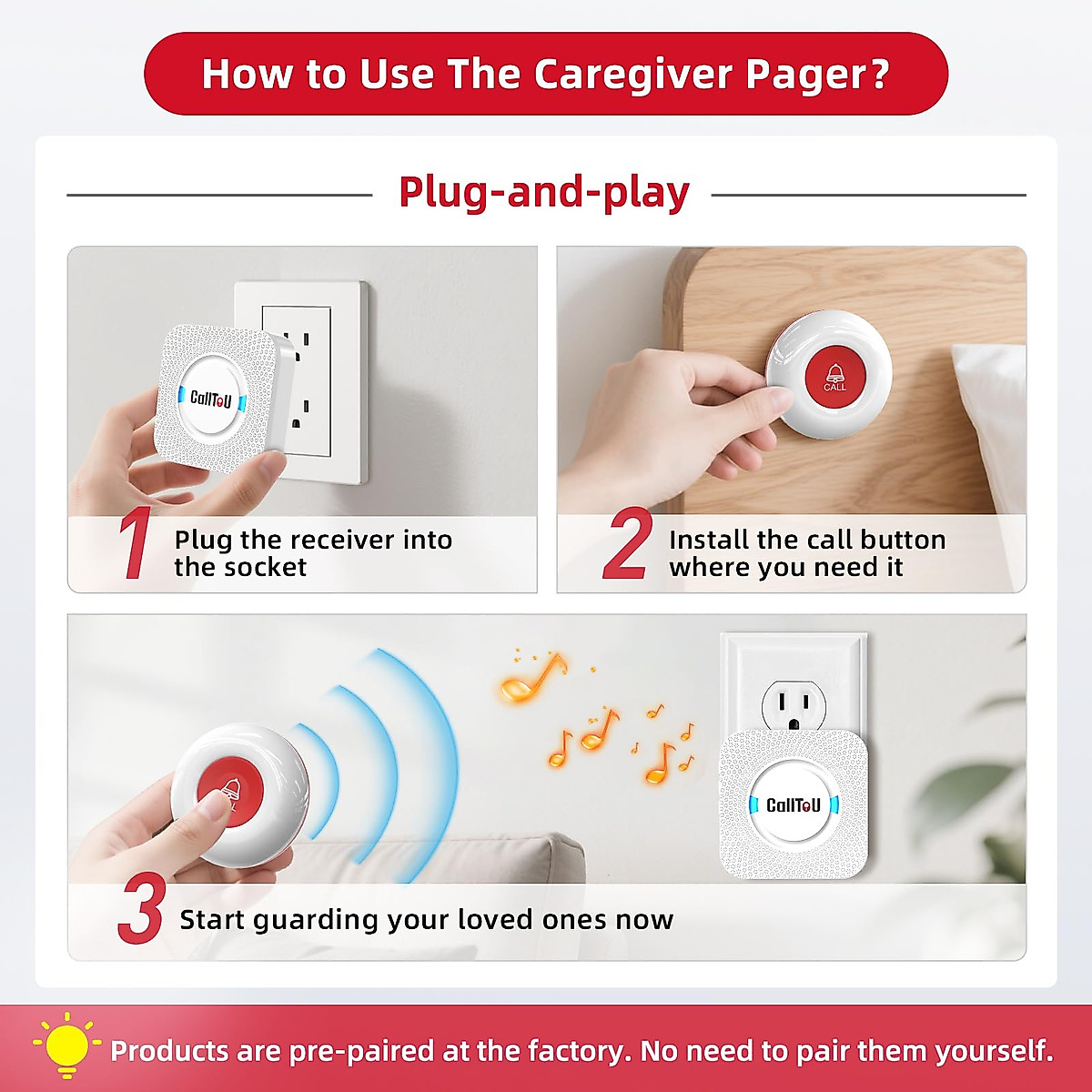 CallToU Wireless Caregiver Pager Smart Call System 4 SOS Call Buttons/Transmitters 2 Receivers Nurse Calling Alert Patient Help System for Home/Personal Attention Pager 500+Feet Plugin Receiver