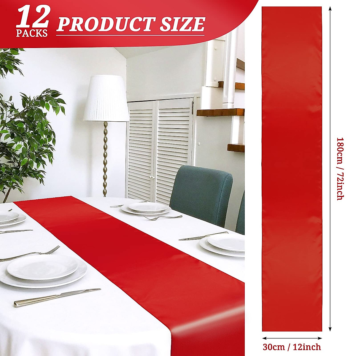 12 Pack Red Satin Table Runner 12 x 72 Inch Long Premium Table Runners for Wedding Party Events Decoration, Birthday Parties, Banquets Decorations, Graduations, Engagements