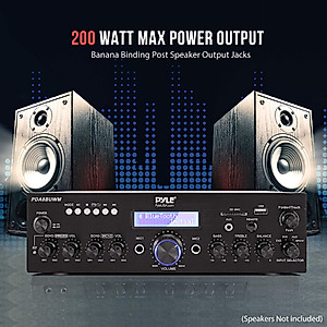 Pyle Wireless Microphone Power Amplifier System - 200W Dual Channel Sound Audio Stereo Karaoke Speaker Receiver w/USB, AUX, Microphone in w/Echo, Radio,Home Theater via RCA, Studio Use PDA8BUWM.5