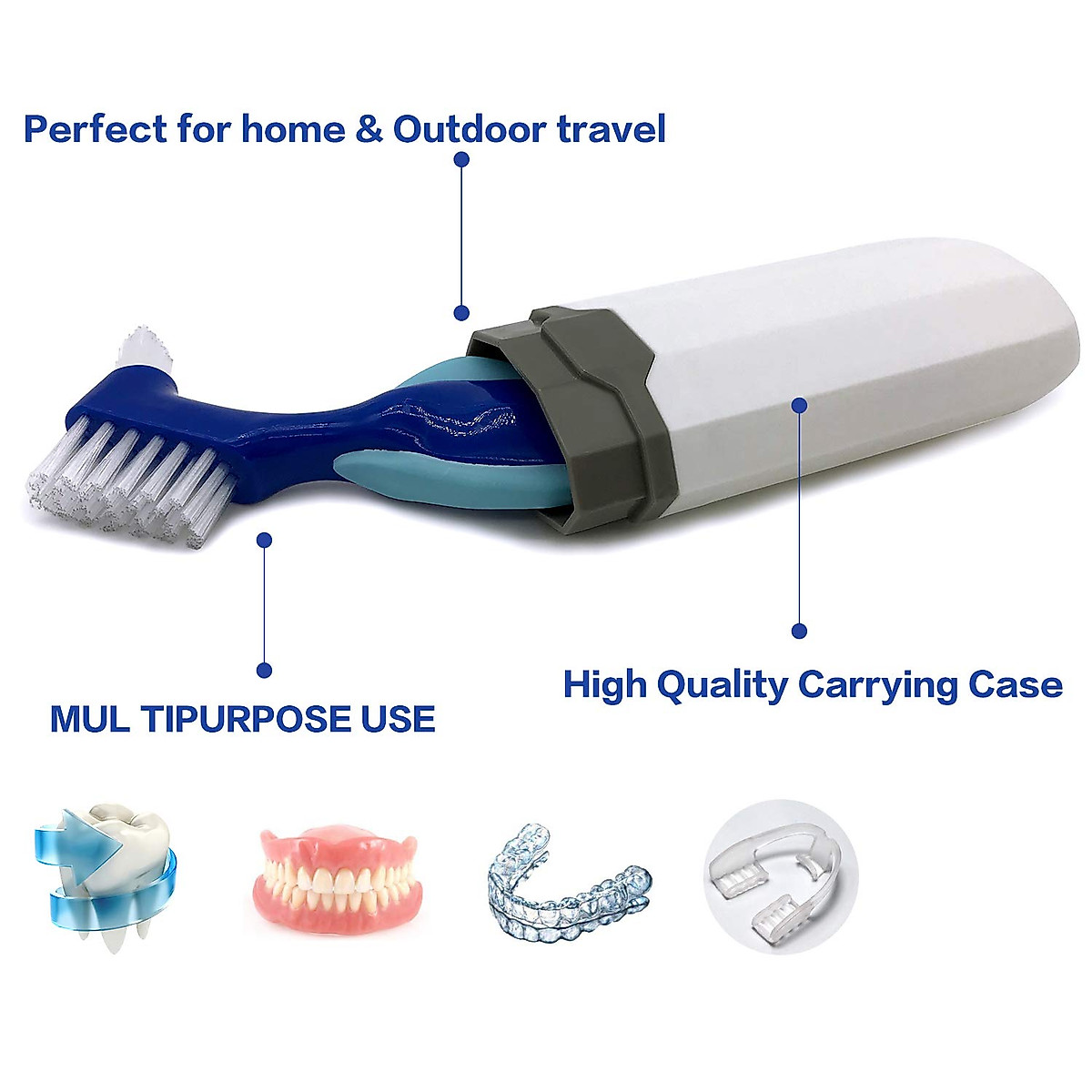 Denture Case,Denture Cups Bath, Toothbrush with hard denture, Dentures Container with Basket Denture Holder for Travel,Mouth Guard Night Gum Retainer Container (Blue)
