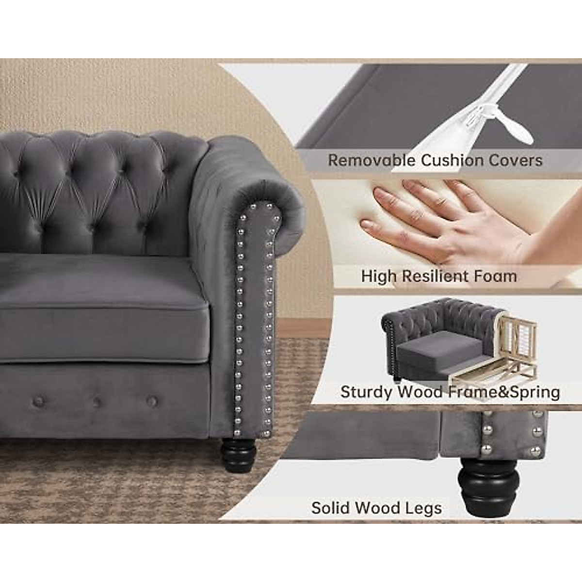 Morden Fort Classic Chesterfield Loveseat Set 60'', Tufted Loveseat Sofa Set with Solid Wood Legs Thick Cushion, Pet-Friendly 2-Seater Sofa Couch for Living Room Bedroom Apartment - Velvet Grey