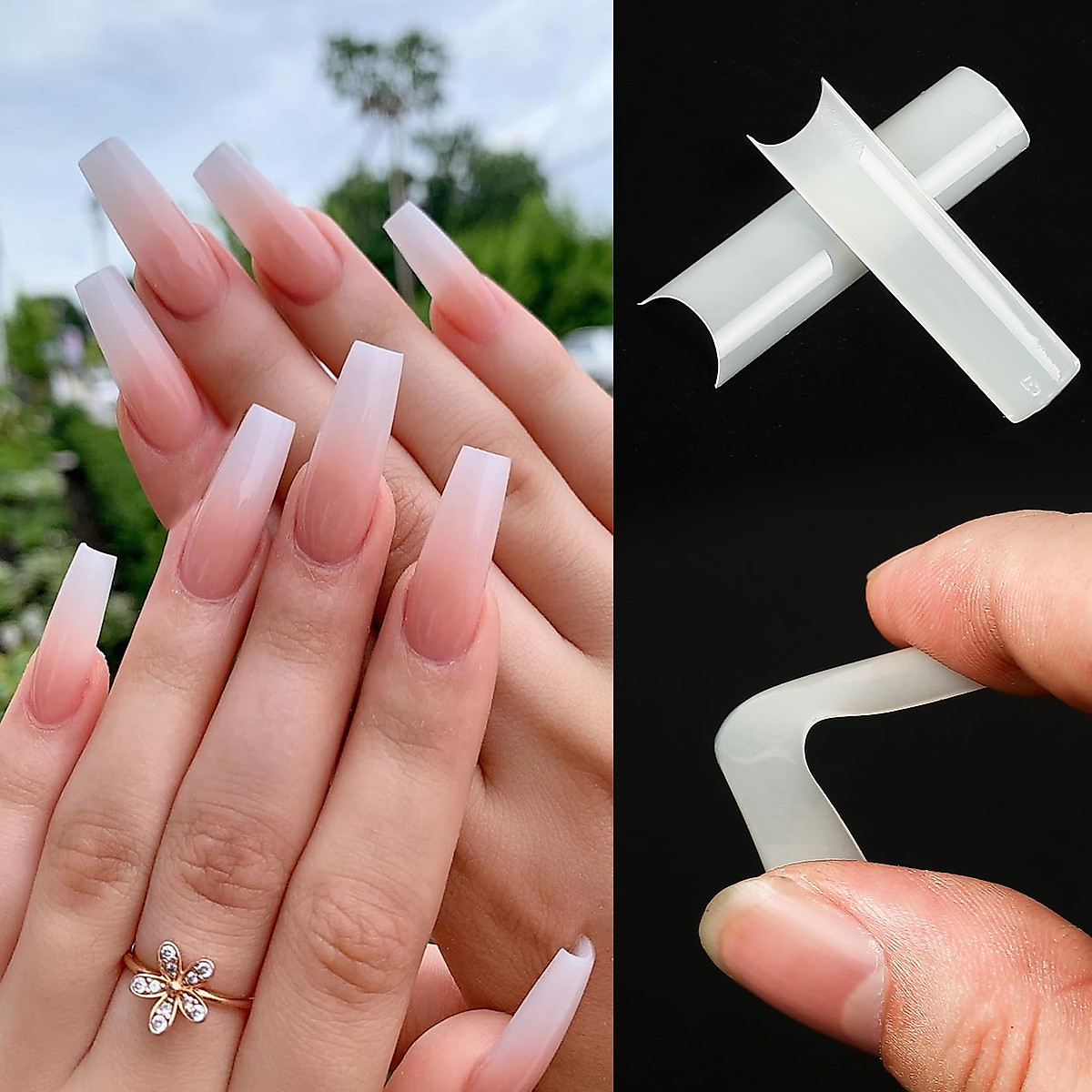 KOXXIAMOQ 240 Pcs Square Nail Tips, natural Extra Long No C Curve XXL Tapered Square Half Cover on Nail Tips Traceless for Acrylic Salon (natural)