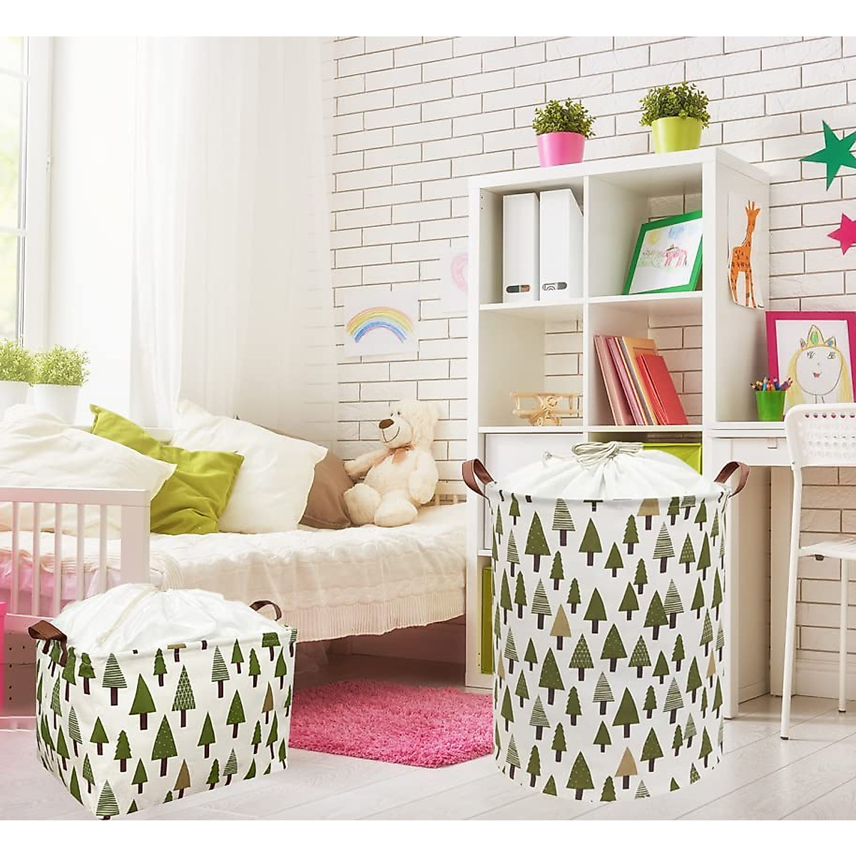 Sanjiaofen Nursery Laundry Basket Canvas Fabric Baby Boy Storage Bins,Collapsible Woodland Hamper,Waterproof Storage Baskets with Leather Handle,Forest Nursery Decor,Toy Organizer (Tree)