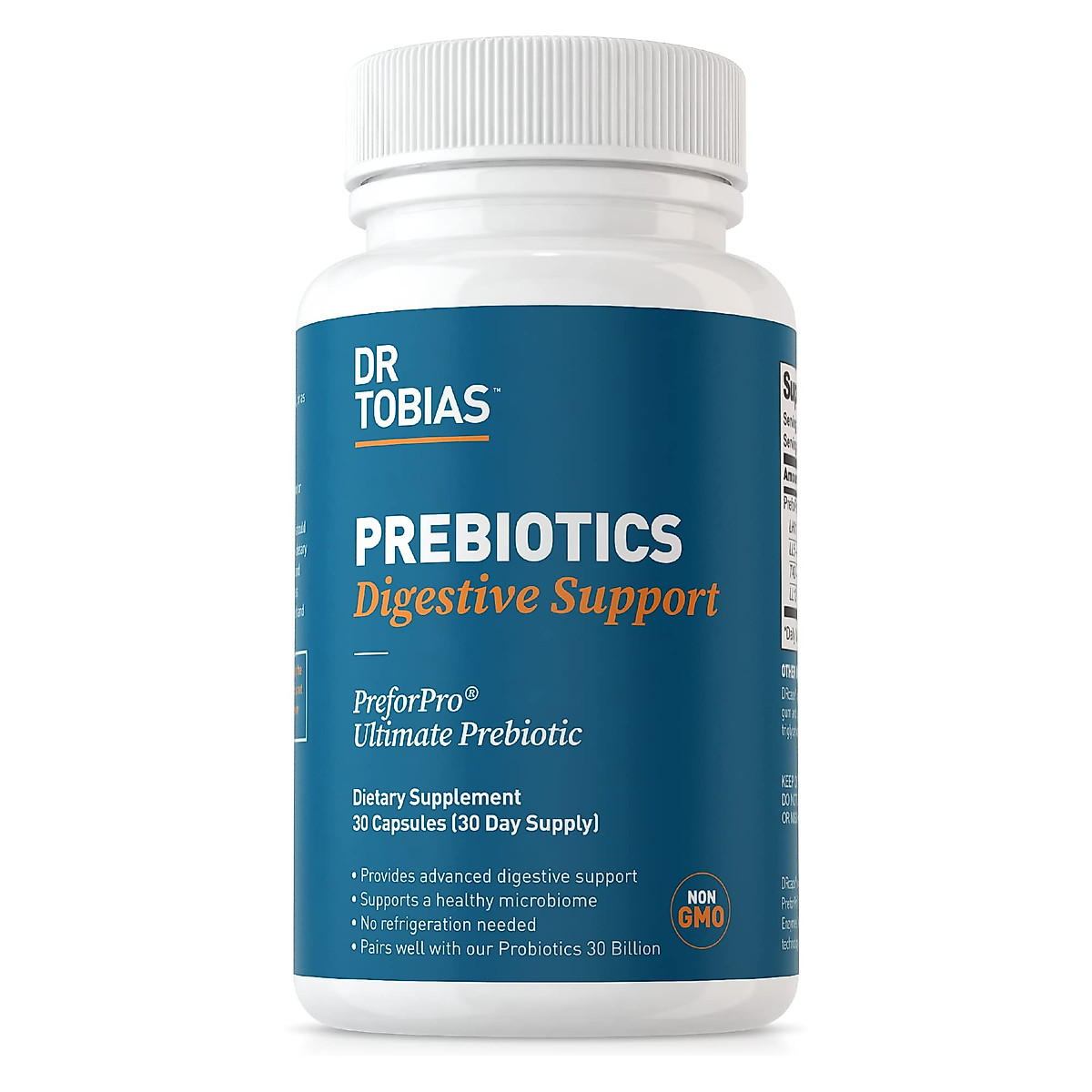 Dr. Tobias Prebiotics, Supports Digestion & Gut Health, Feed Good Probiotic Bacteria, Boost Gut Immune Function, Vegan & Non-GMO Gut Health Supplements for Men and Women, 30 Capsules, 30 Servings