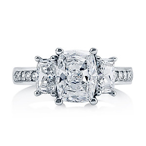 BERRICLE Sterling Silver 3-Stone Wedding Engagement Rings Cushion Cut Cubic Zirconia CZ Ring for Women, Rhodium Plated Size 6