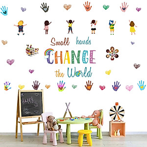 HATARU Colorful Inspirational Saying Wall Decals,Motivational Quotes Wall Stickers,Small Hands Wall Decals Nursery Decor,Change The World Handprints Wall Decals for Kids Room Classroom Decor